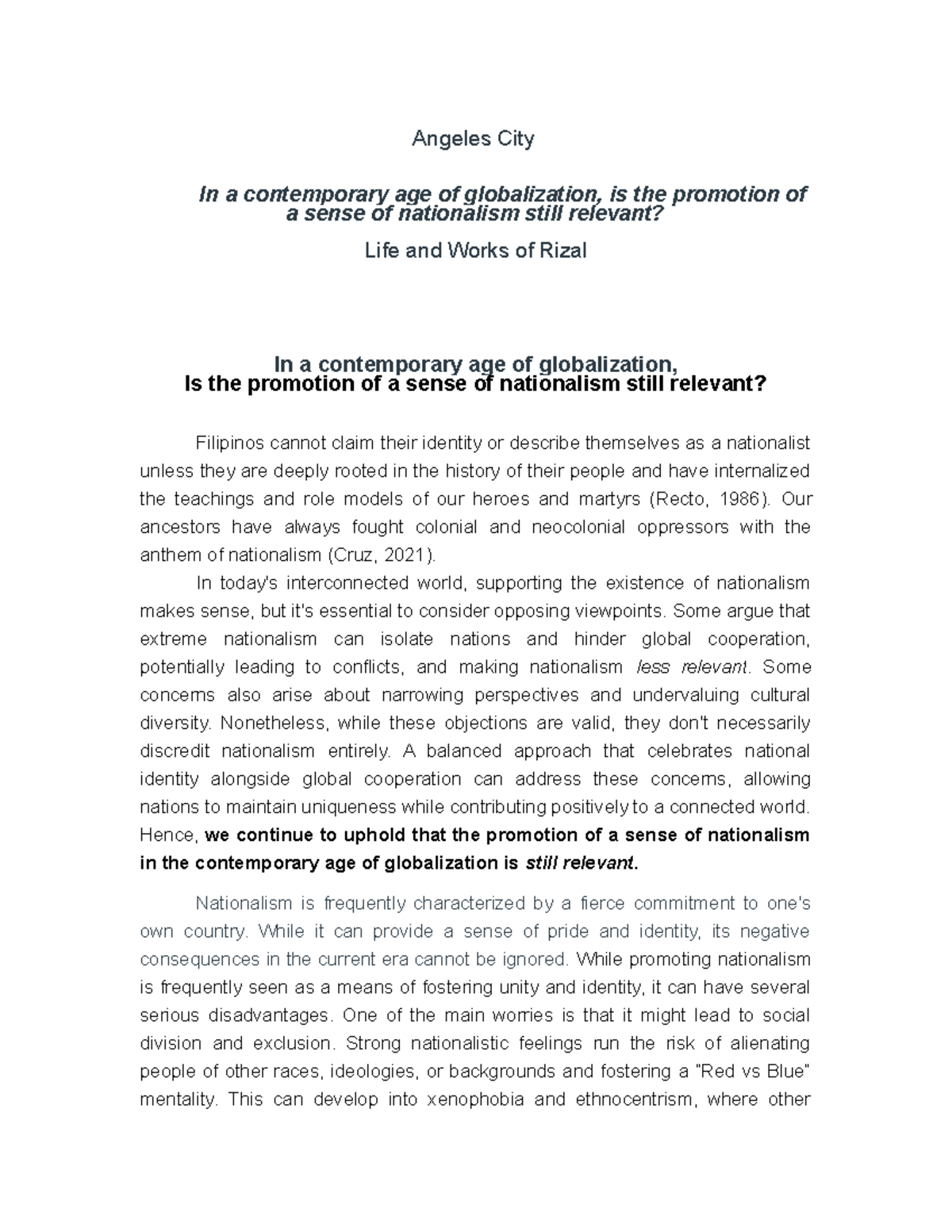 Position Paper about the relevance of nationalism during the age of ...