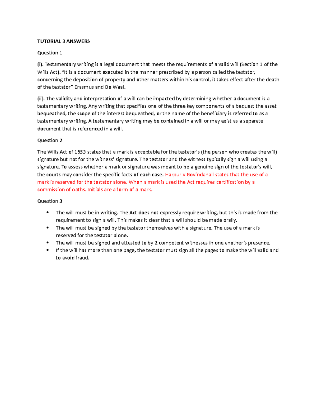 Tutorial 3 Answers - TUTORIAL 3 ANSWERS Question 1 (i). Testamentary ...
