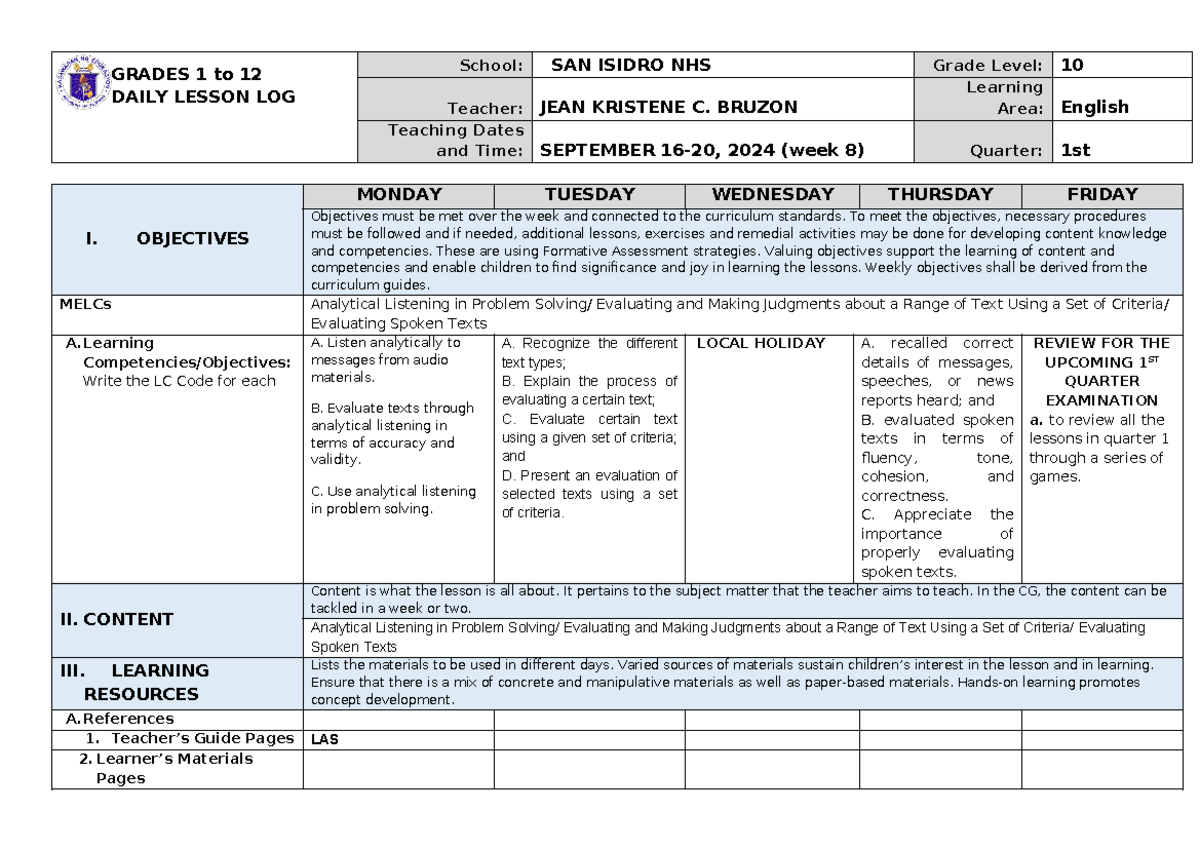 Eng 10 dll week 8 qtr 1 - ENGLISH 10 DLL - GRADES 1 to 12 DAILY LESSON ...