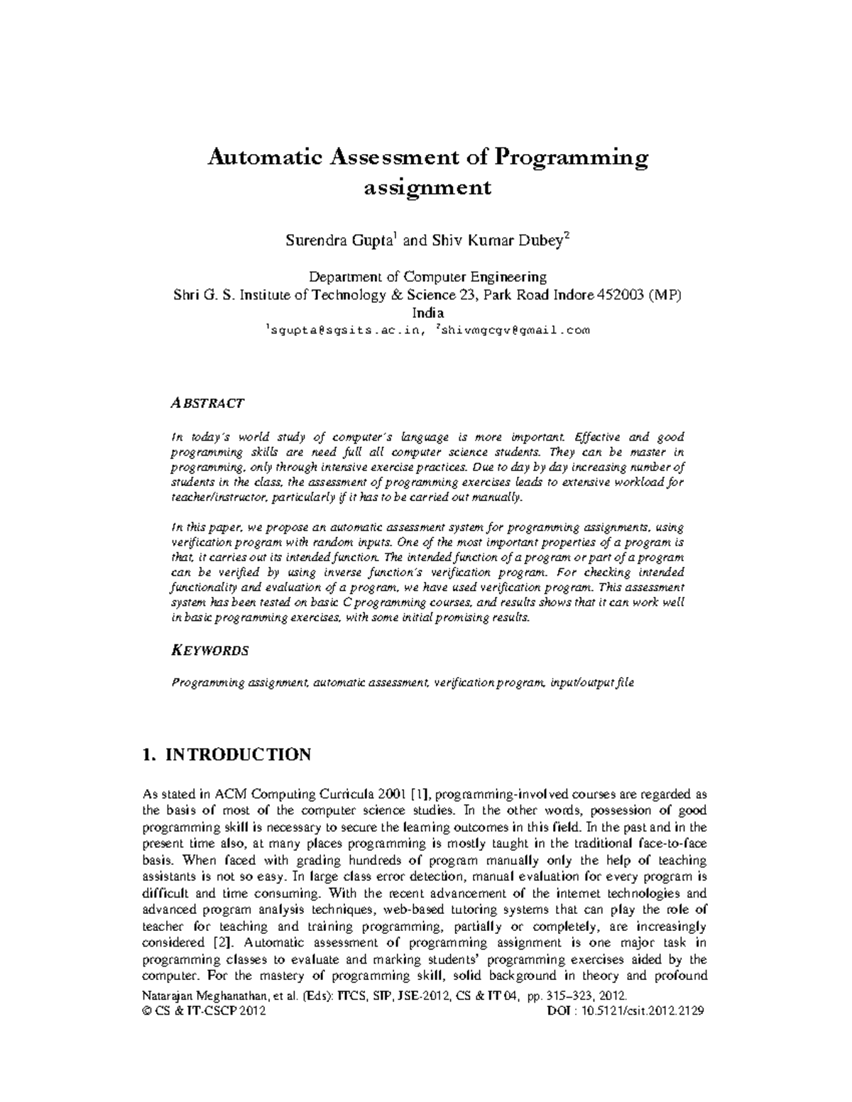 Programming Assignment Unit 6 Natarajan Meghanathan Et Al Eds Itcs Sip Jse 2012 Cs 1262