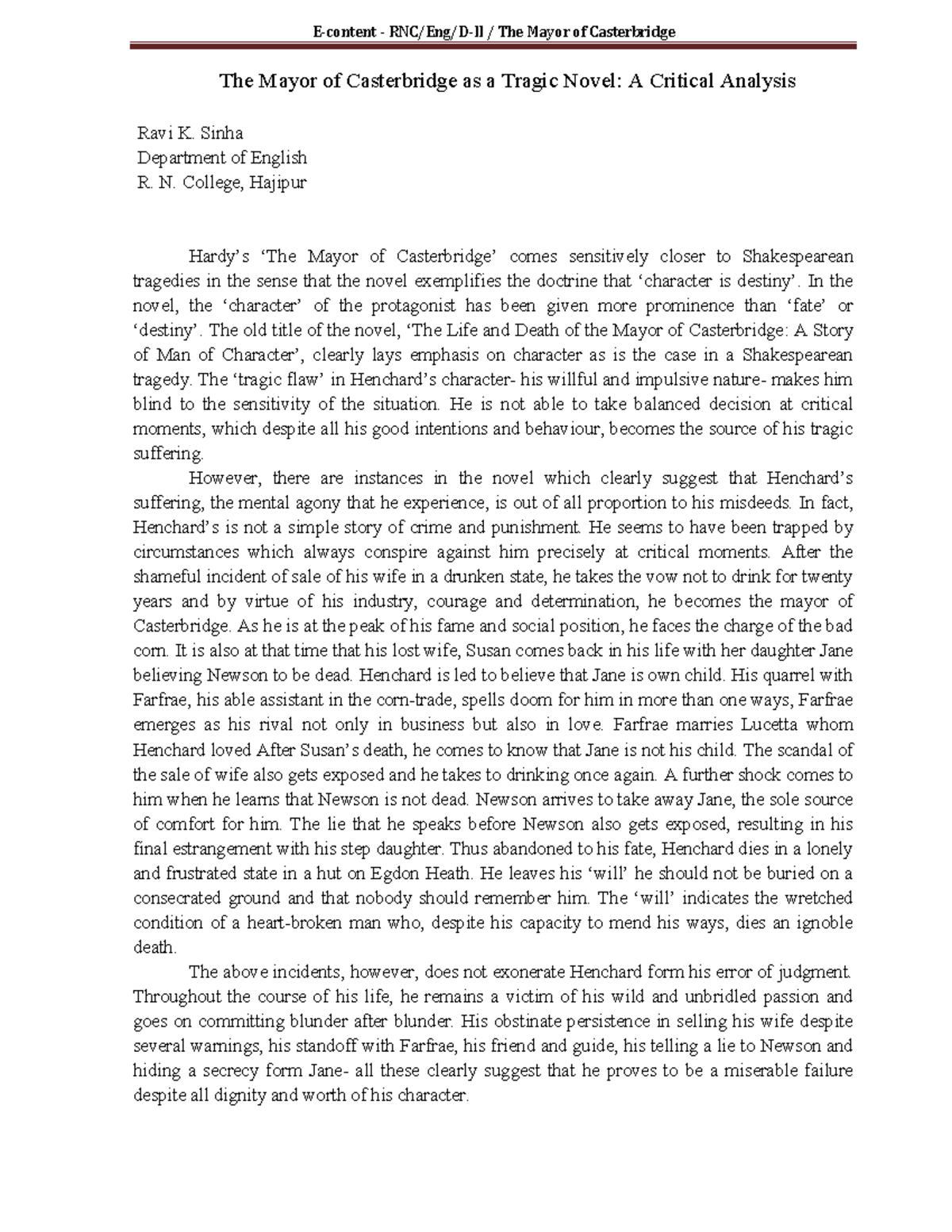 Eng D-II (The Mayor of Casterbridge) Dr Ravi K Sinha - E-content - RNC ...