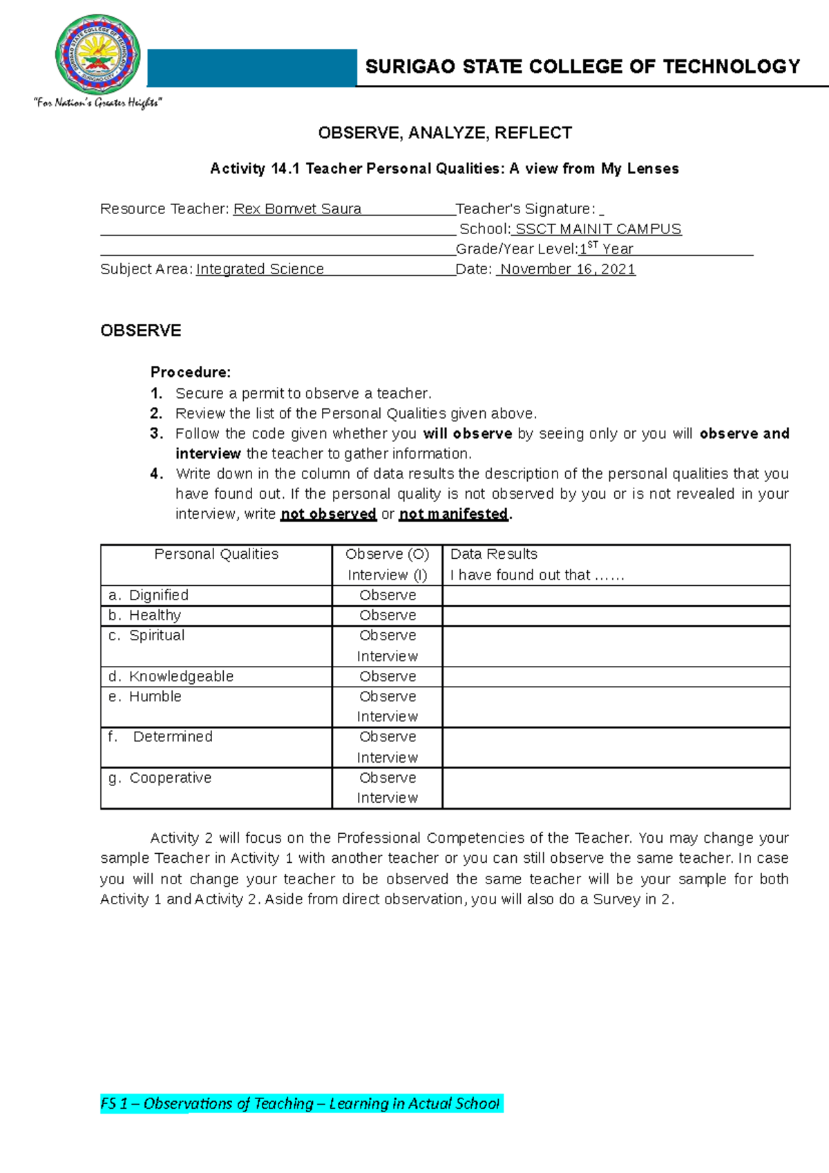FS 1 Module 14 Galagar - LEARNING MODULE SURIGAO STATE COLLEGE OF ...