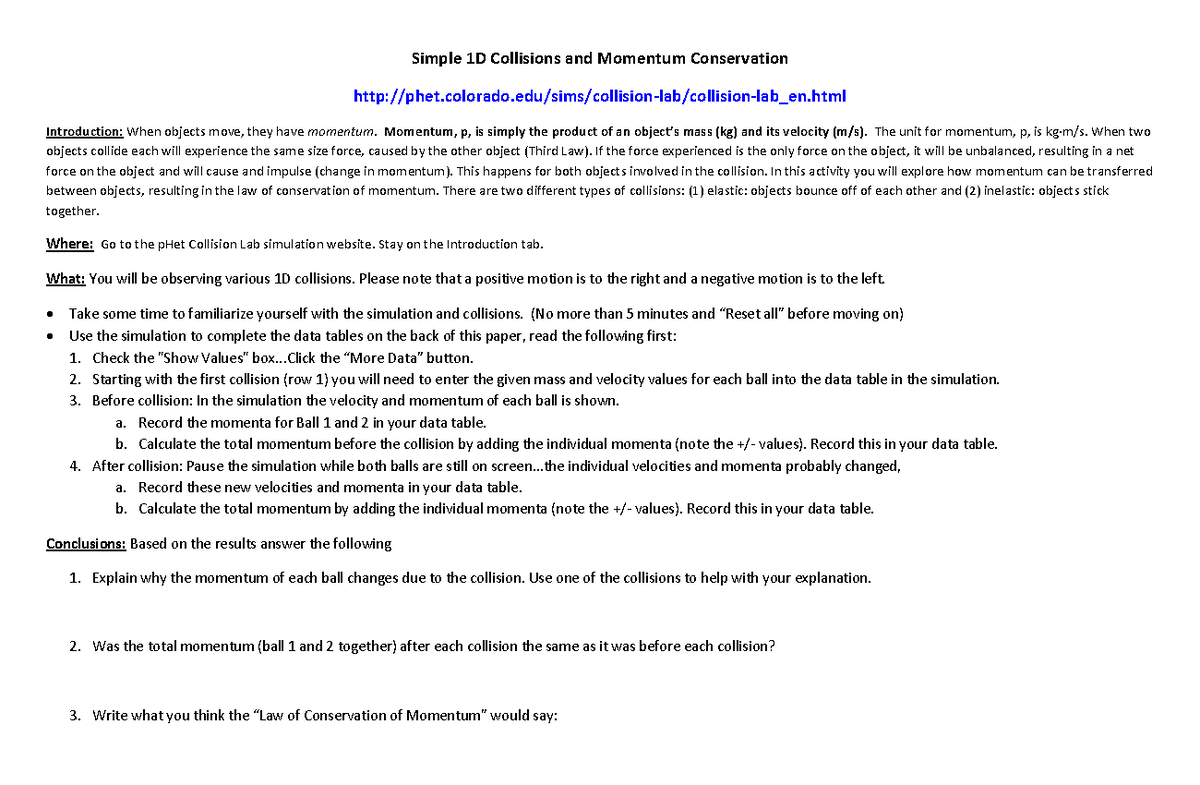 Collisionphet - lab - Simple 1D Collisions and Momentum Conservation ...