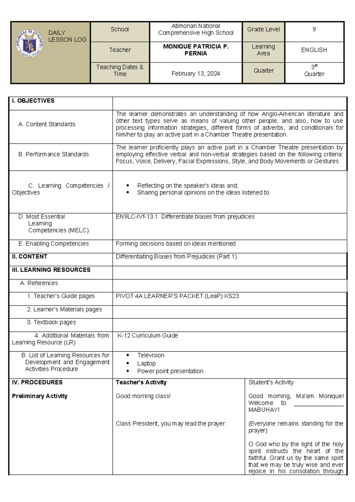 02-13-24 dll - sample dll - DAILY LESSON LOG School Atimonan National ...