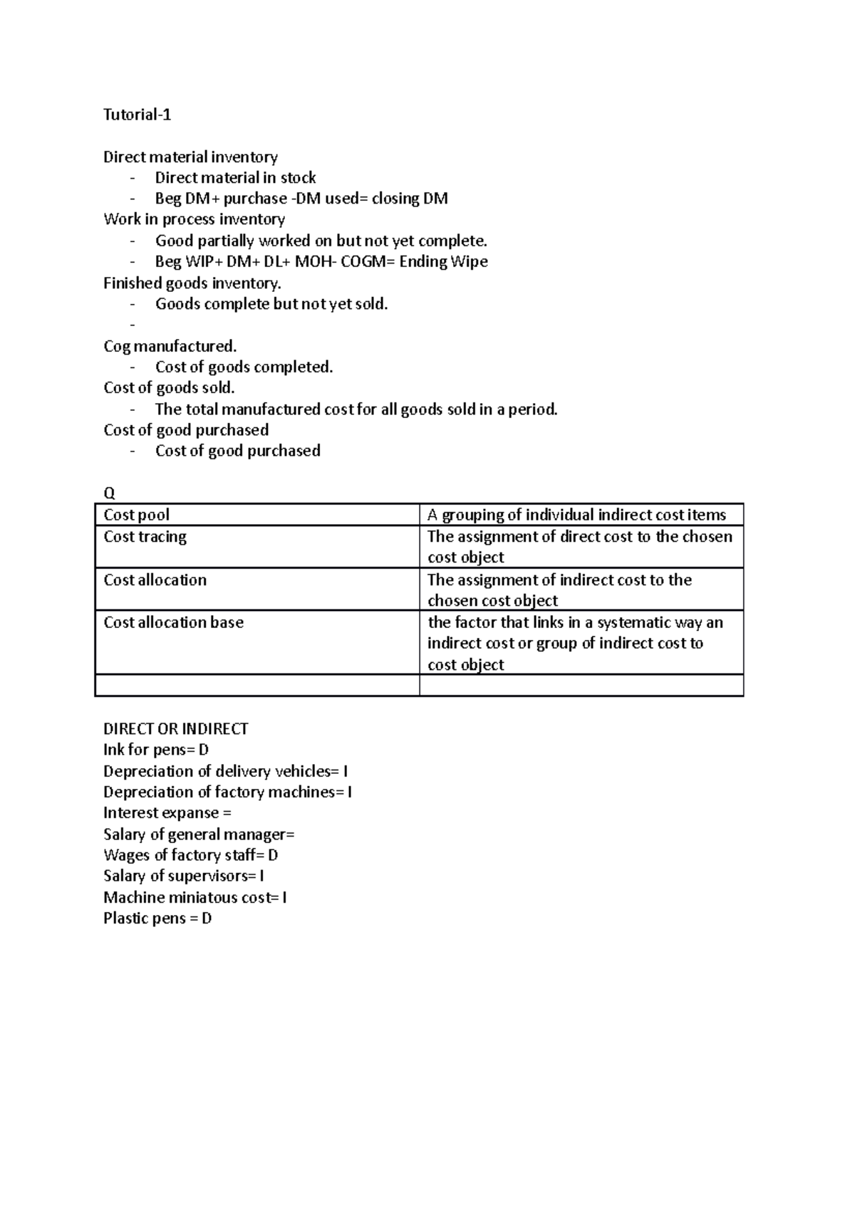 Acct tutorial - NOTES - Tutorial- Direct material inventory - Direct ...