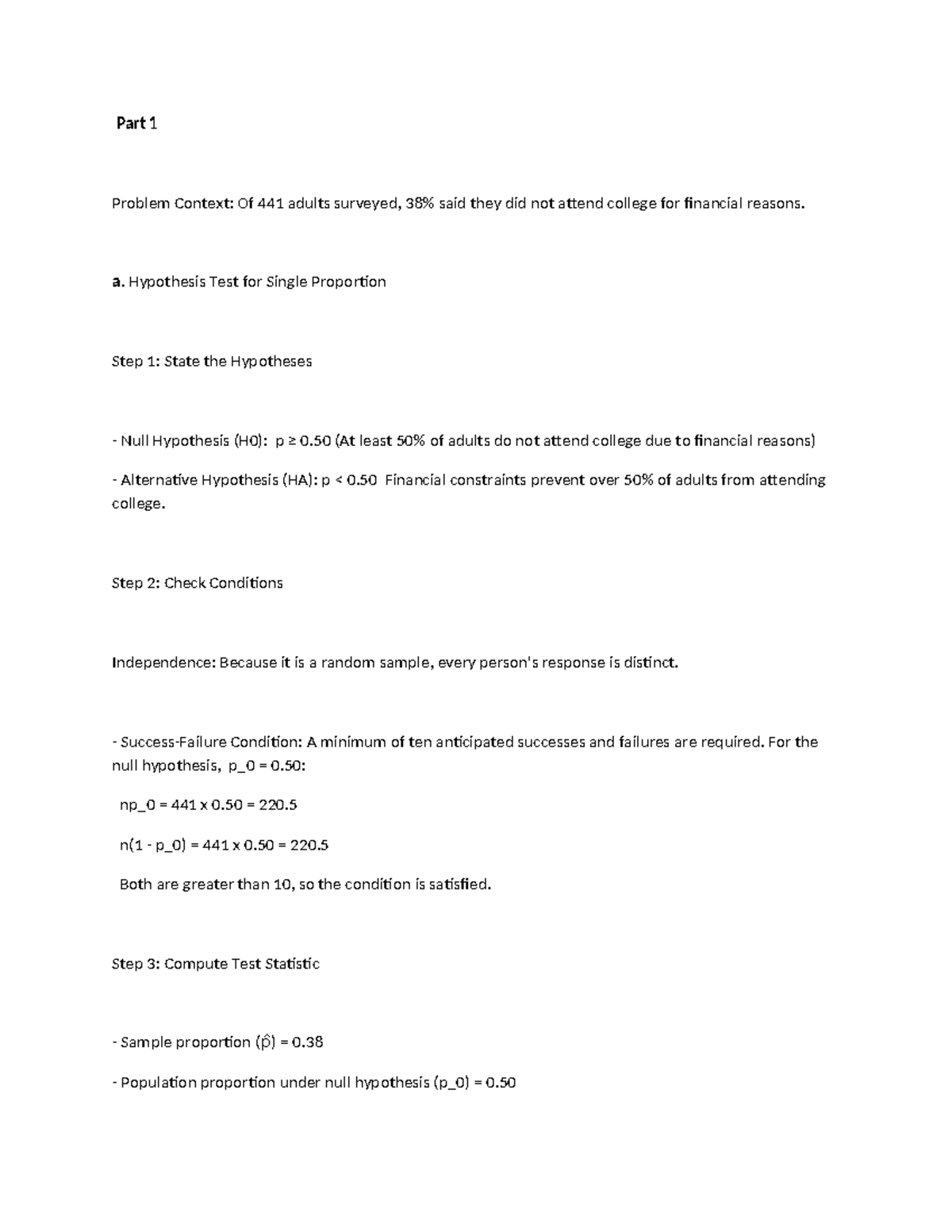 Part 1-math assignment unit 2 math 1281 - Part 1 Problem Context: Of 441 adults surveyed, 38% ...