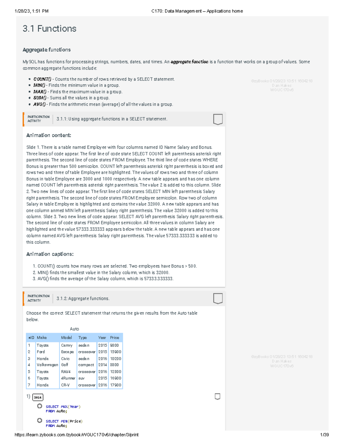 C170 Data Management – functions - 3 Functions Aggregate functions MySQL has functions for - Studocu