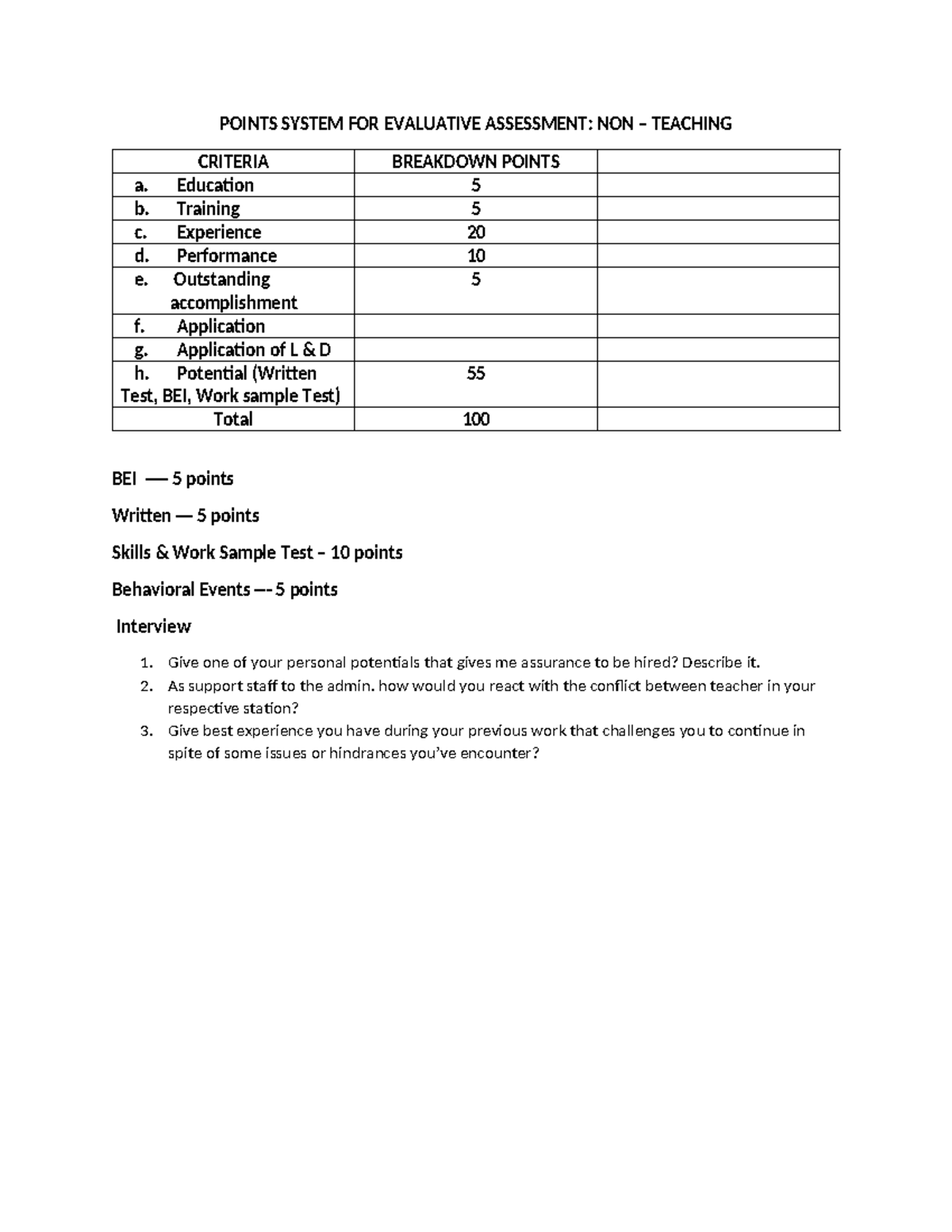 Points System FOR Evaluative Assessment - POINTS SYSTEM FOR EVALUATIVE ...