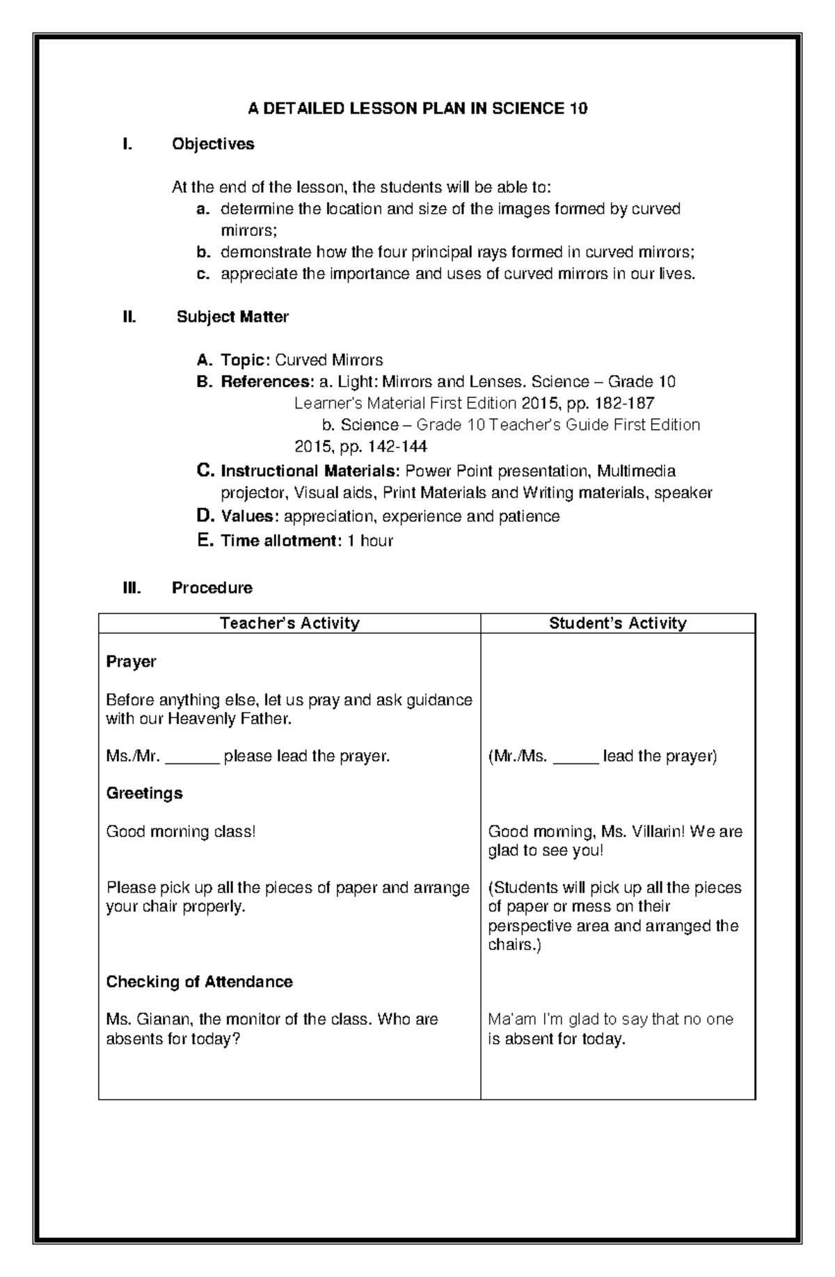 Toaz - TEACHER - A DETAILED LESSON PLAN IN SCIENCE 10 I. Objectives At ...