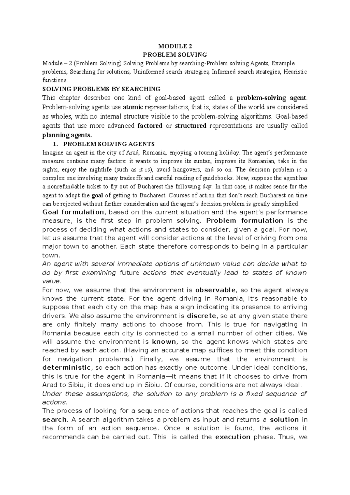AI MOD 2 - Ai notes - MODULE 2 PROBLEM SOLVING Module – 2 (Problem ...