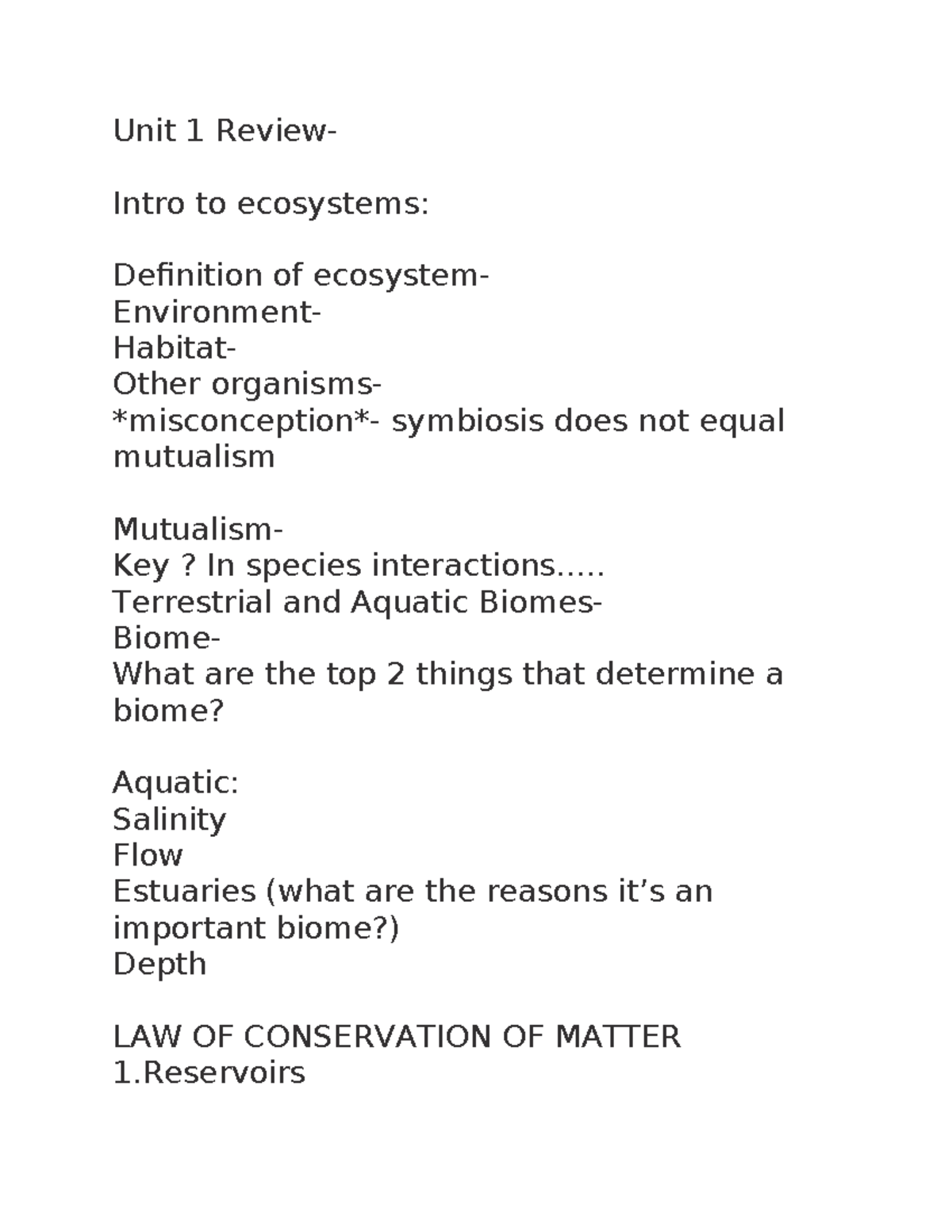 Unit 1 Review - Unit 1 Review- Intro to ecosystems: Definition of ...