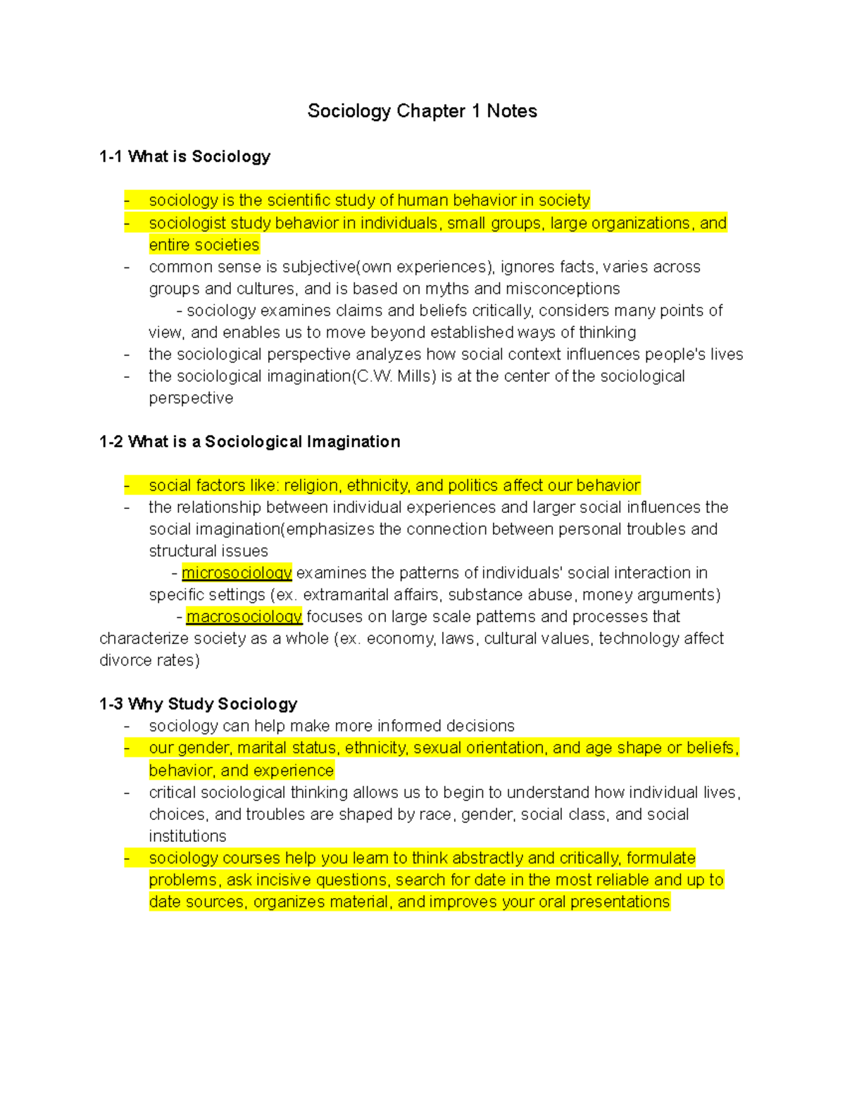 Chapter 1 Notes - Sociology Chapter 1 Notes 1-1 What is Sociology ...