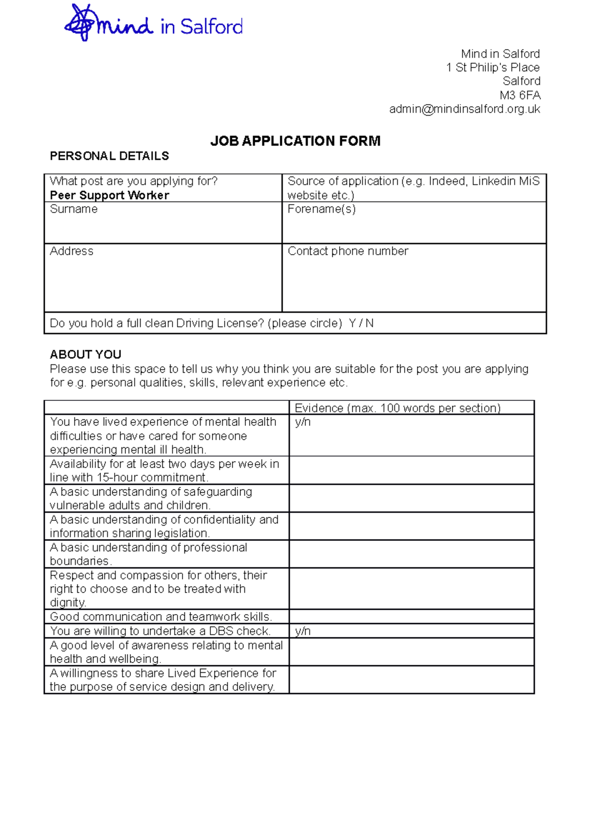 Peer Support Worker - Application Form - Mind in Salford 1 St Philip’s ...