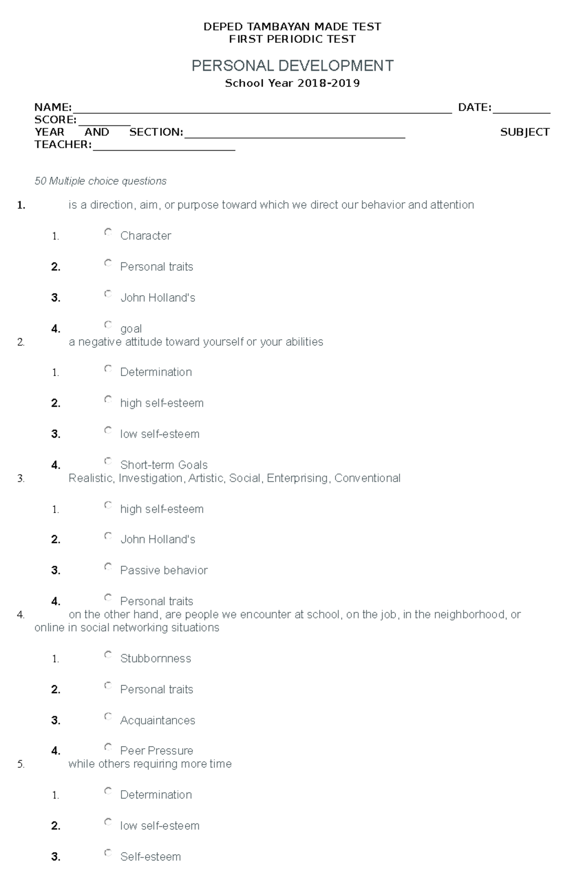 Personal Development - DEPED TAMBAYAN MADE TESTFIRST PERIODIC TEST ...