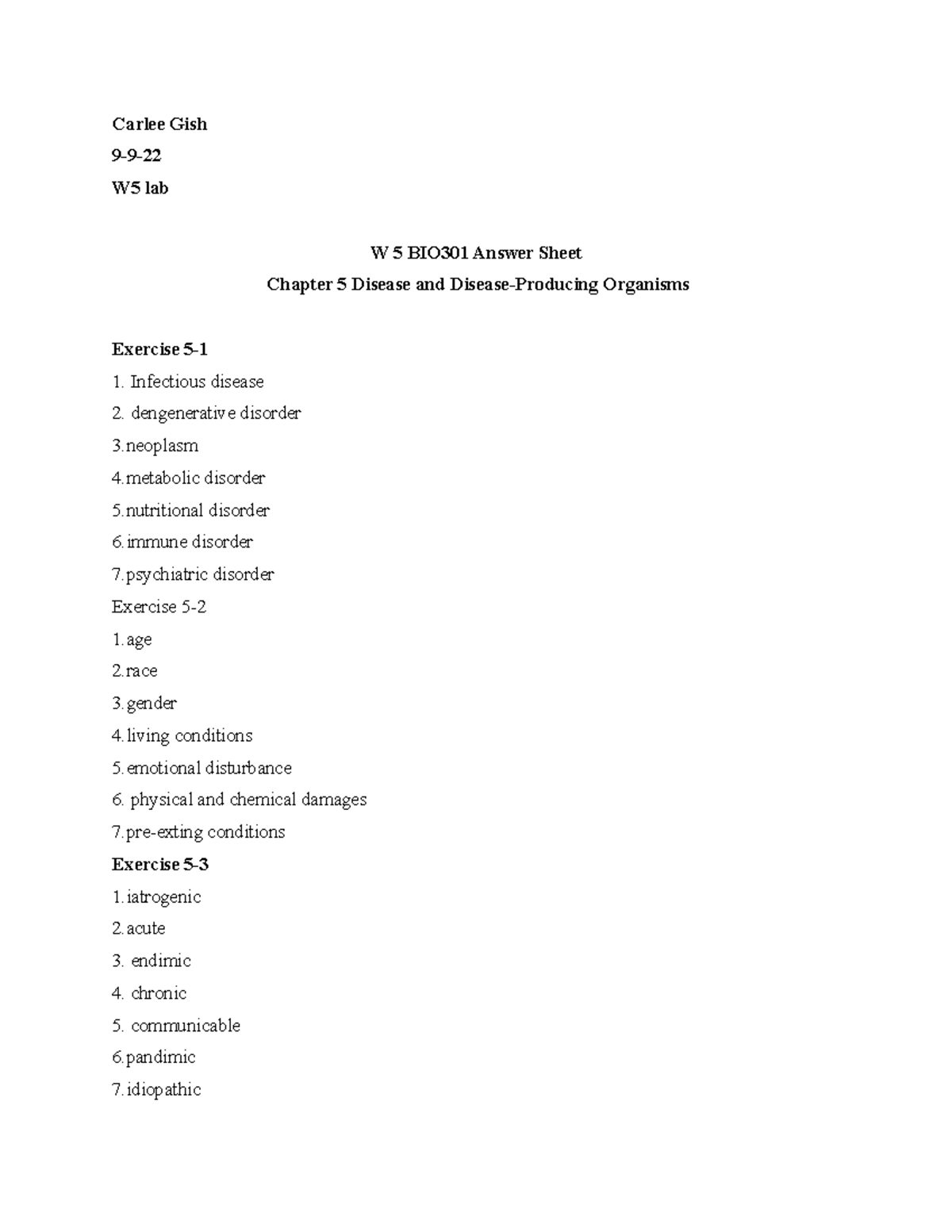 W5 BIO301 Answer Sheet CH 05 - Carlee Gish 9-9- W5 lab W 5 BIO301 ...
