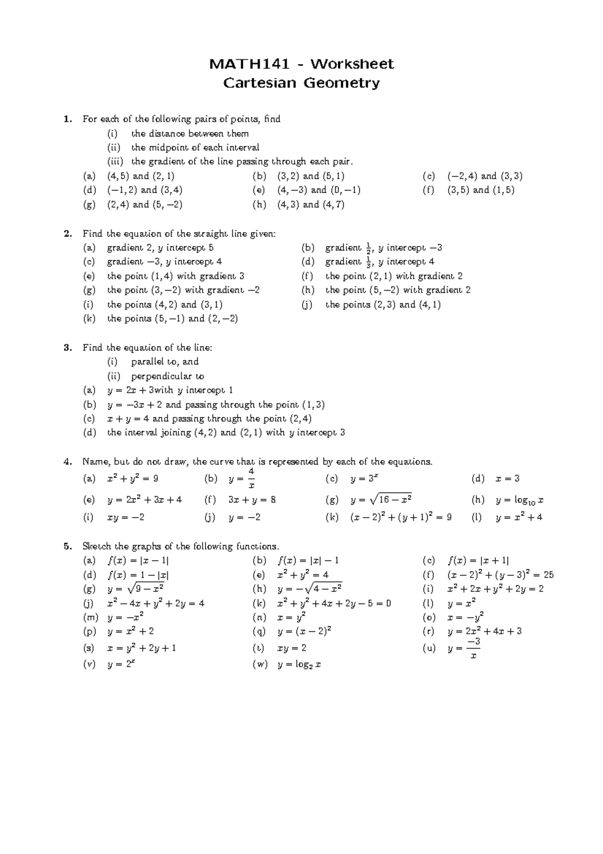 Cartesian Geometry - math questions - MATH141 - Worksheet Cartesian ...