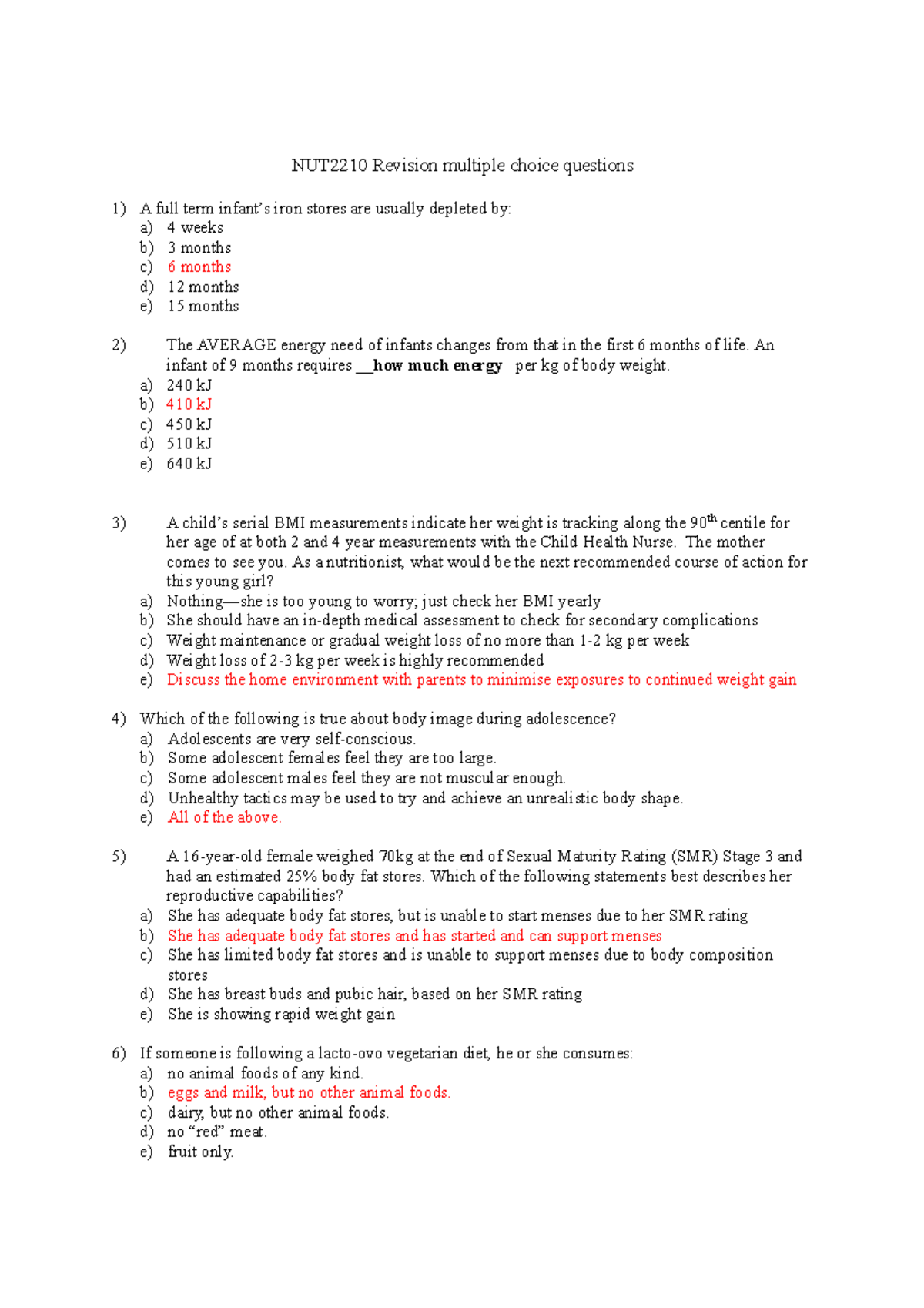 Revision multiple choice questions with answers 2019 - NUT2210 Revision ...