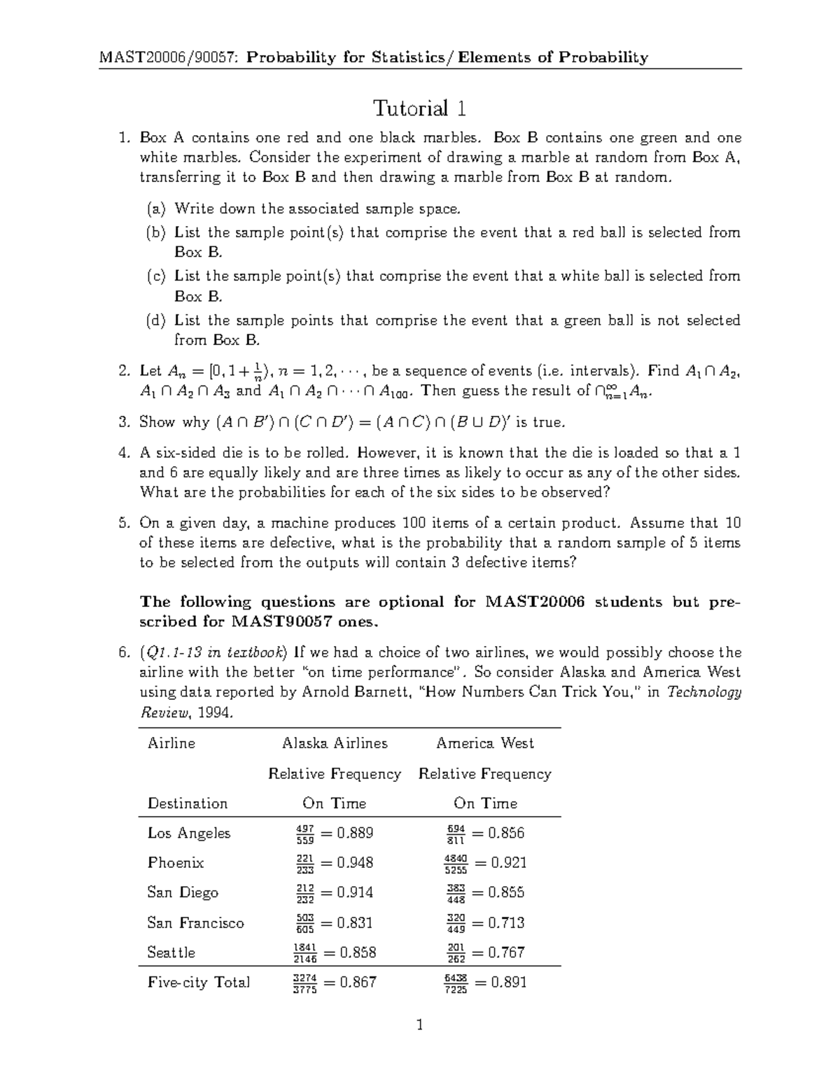 22tut1Q - prac - MAST20006/90057: Probability for Statistics/ Elements of Probability Tutorial 1 ...