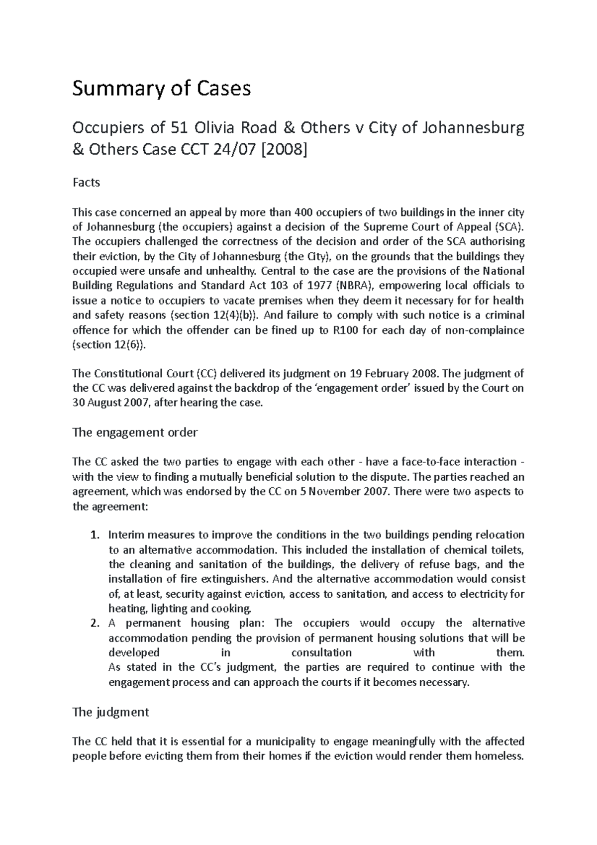 Various Case Summaries - Summary of Cases Occupiers of 51 Olivia Road ...