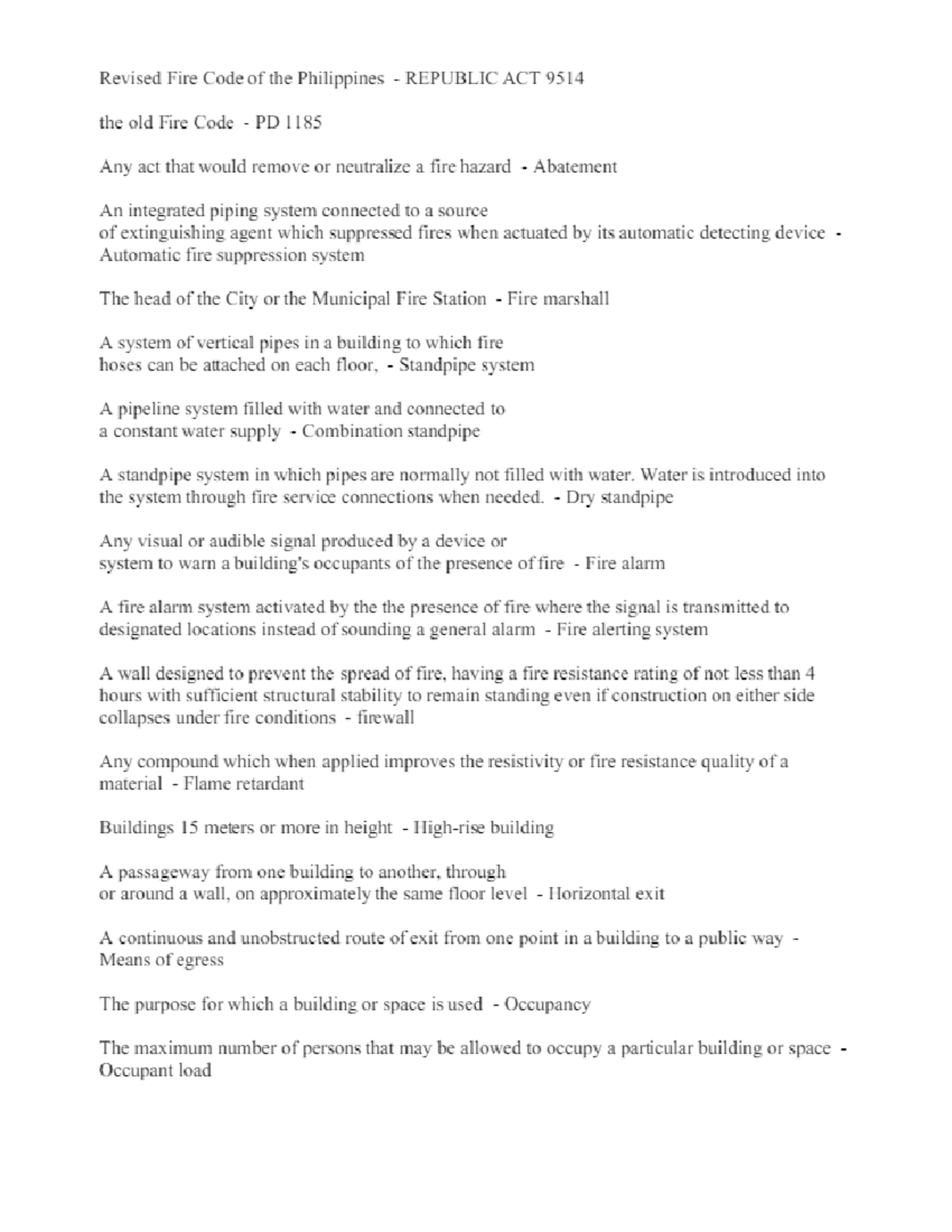 RA 9514 summar - Revised Fire Code of the Philippines REPUBLIC ACT 9514 ...