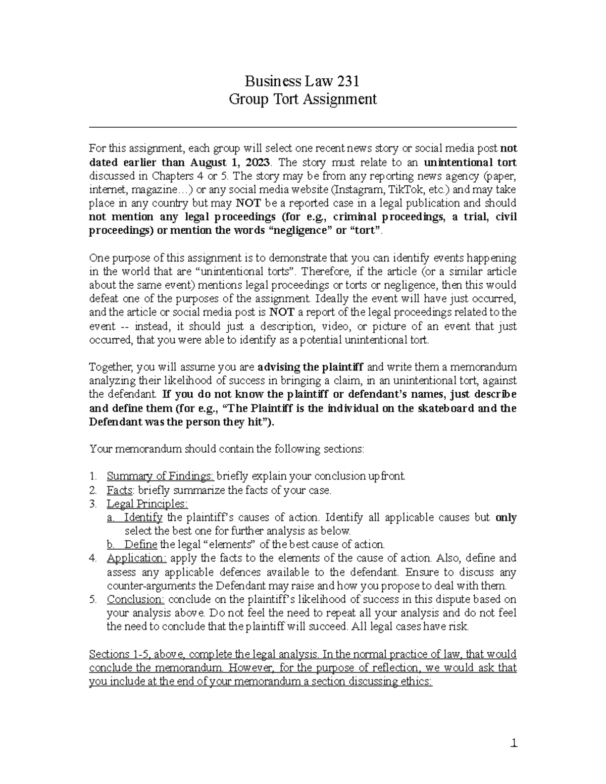 Tort Group Assignment - Fall 2023 - Business Law 231 Group Tort ...