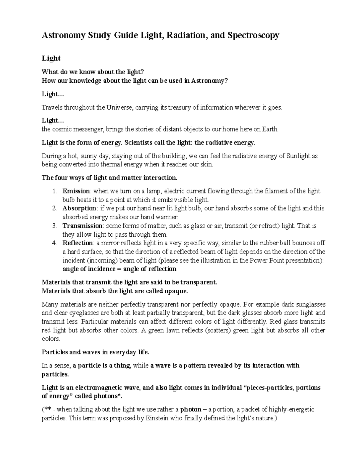 Study Guide Astro I Light Radiation Spectroscopy - Astronomy Study ...