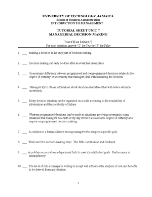 Tutorial Sheet 1 - Unit 1 - UNIVERSITY OF TECHNOLOGY, JAMAICA SCHOOL OF ...