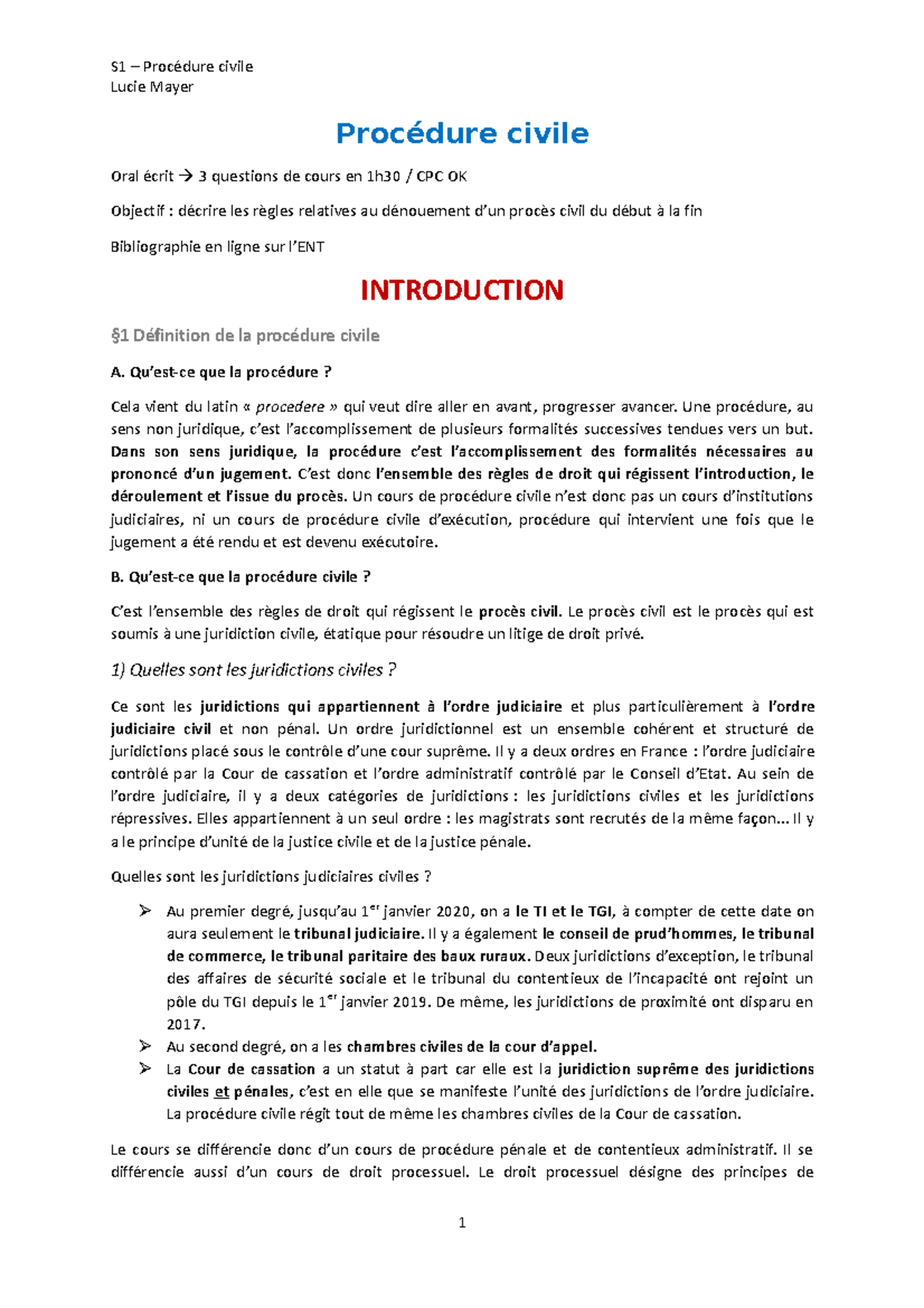 S1 Proce dure civile Complet - Lucie Mayer Procédure civile Oral écrit 3 questions de cours en ...