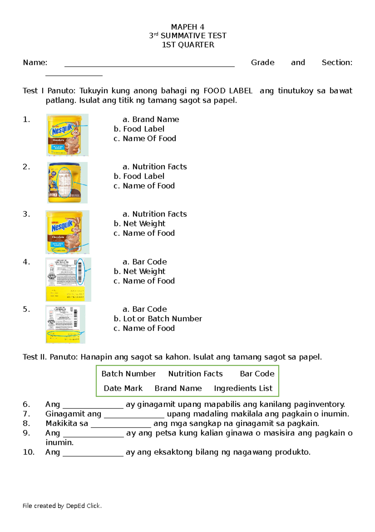 Health 4 ST3 Q1 - Summative Test - MAPEH 4 3 rd SUMMATIVE TEST 1ST ...