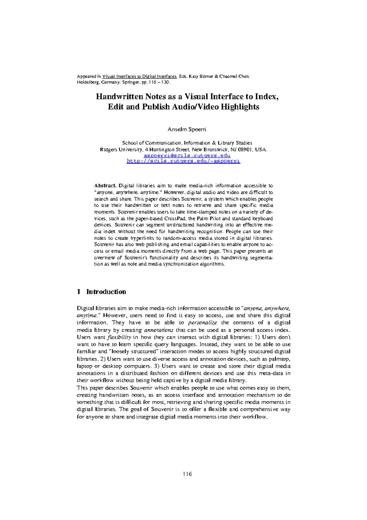 Souvenir Book Chapter - Appeared in Visual Interfaces to Digital Interfaces. Eds. Katy Börner ...