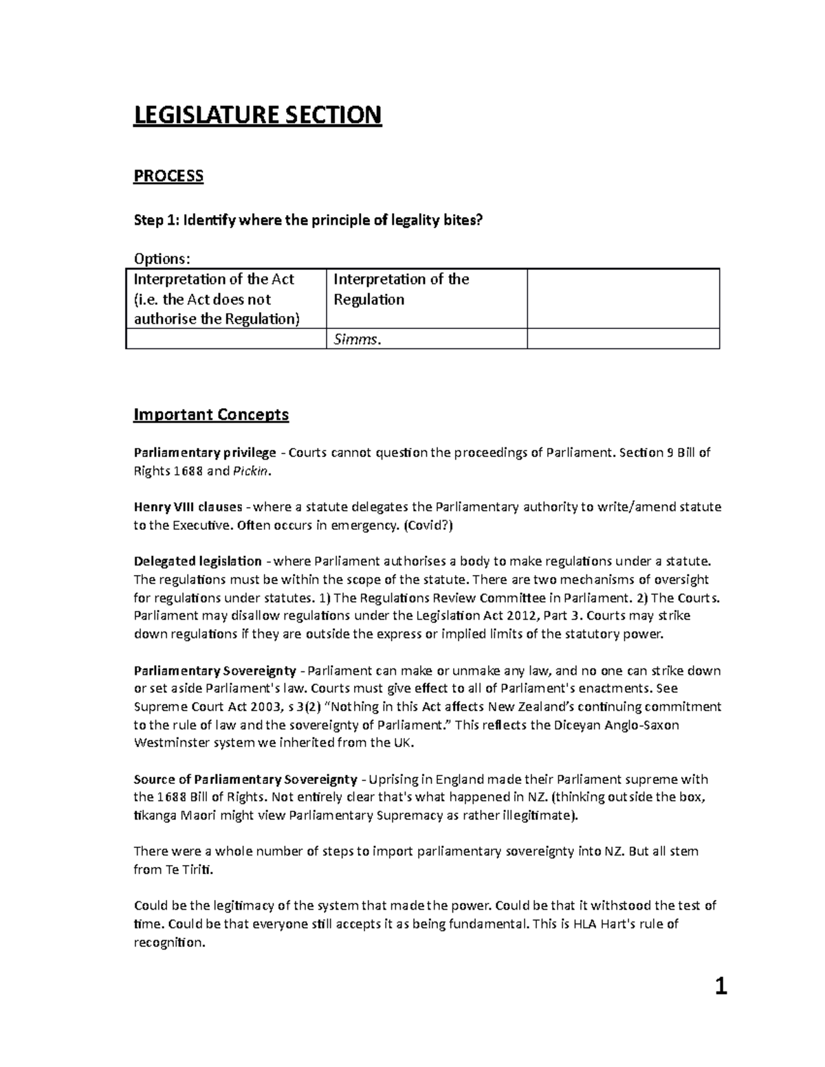 LAW211 Exam Revision (Legislature) - LEGISLATURE SECTION PROCESS Step 1 ...