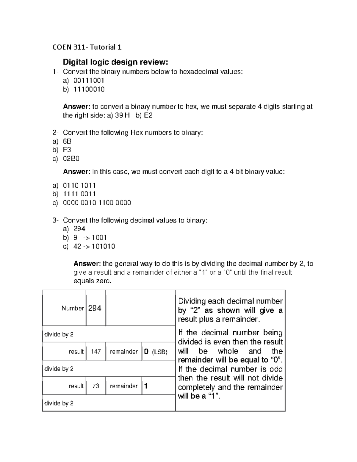 Tutorial 1 - COEN 311- Tutorial 1 Digital logic design review: 1 ...