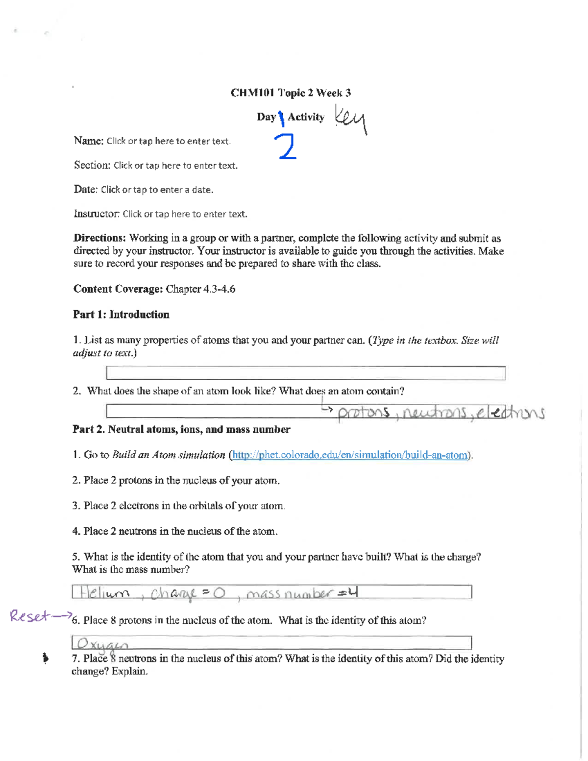 CHM101 T2 W3 Day 2 Build An Atom Simulation Activity Key - CHM-101 - Studocu