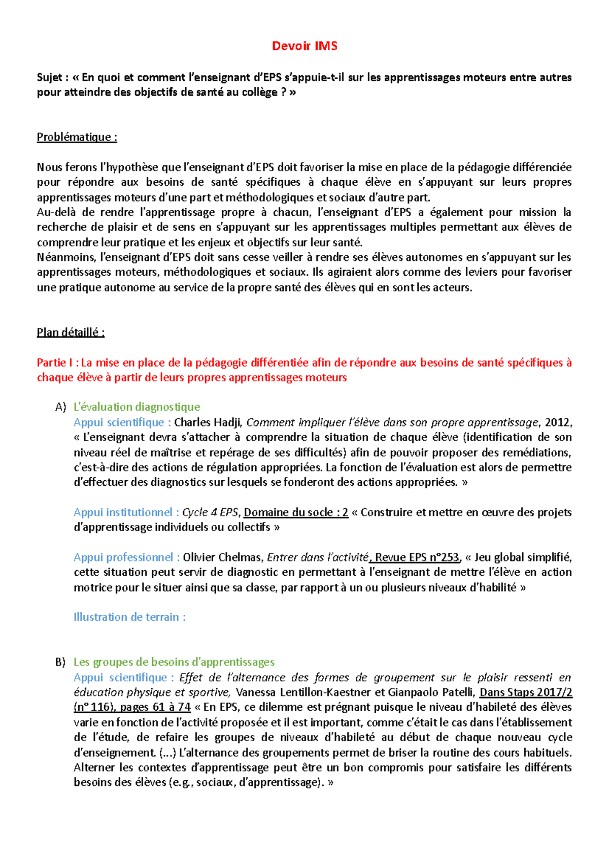 Devoir maison d'écrit 2 - Devoir IMS Sujet : « En quoi et comment l’enseignant d’EPS s’appuie-t ...