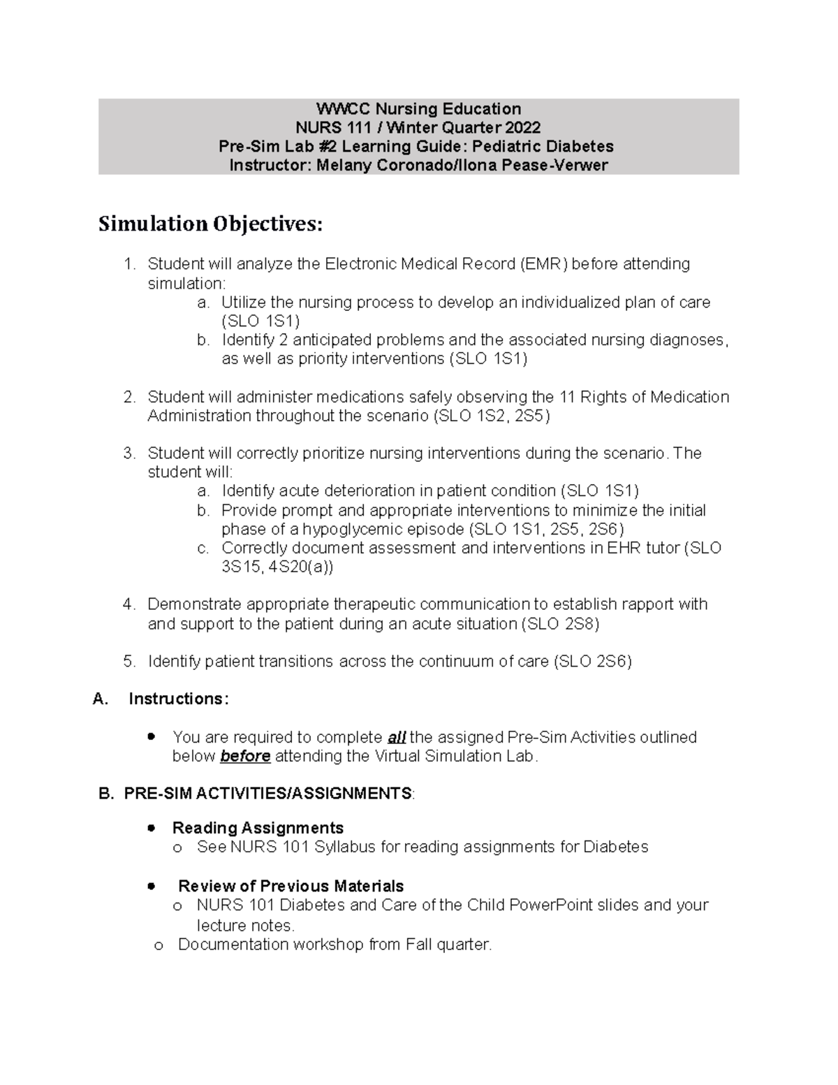 Pre-Sim Lab 2 Learning Guide - WWCC Nursing Education NURS 111 / Winter ...