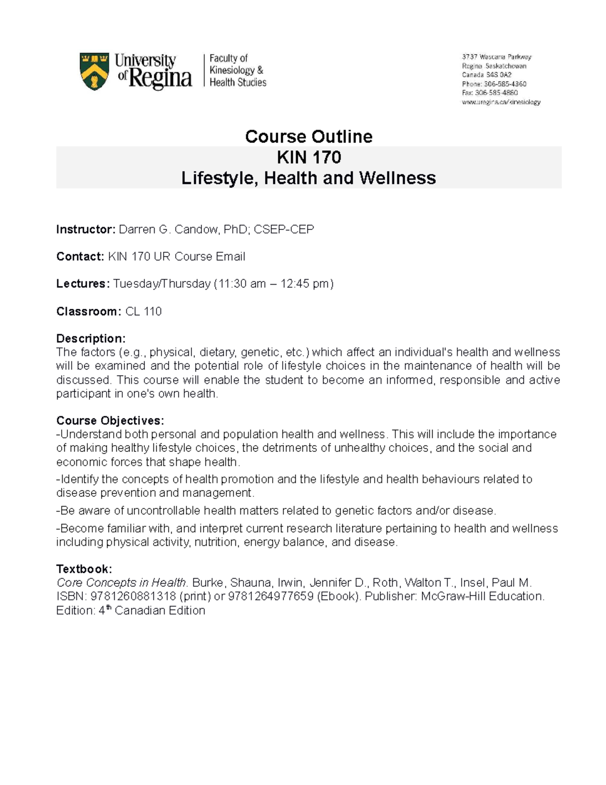 KIN 170 2023 FALL Inperson Course Outline - Course Outline KIN 170 ...