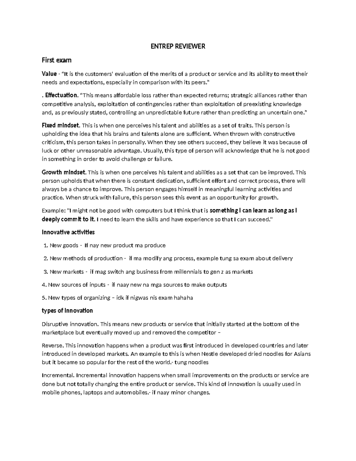 GE11- Reviewer- Finals - ENTREP REVIEWER First exam Value - “It is the ...