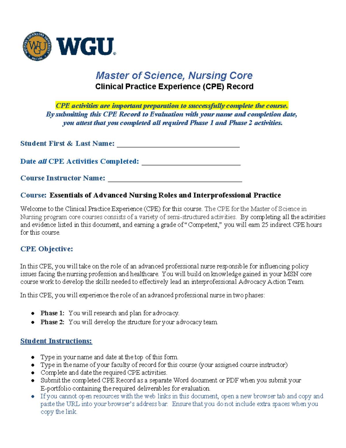 CPE Record - Template - Master of Science, Nursing Core Clinical ...