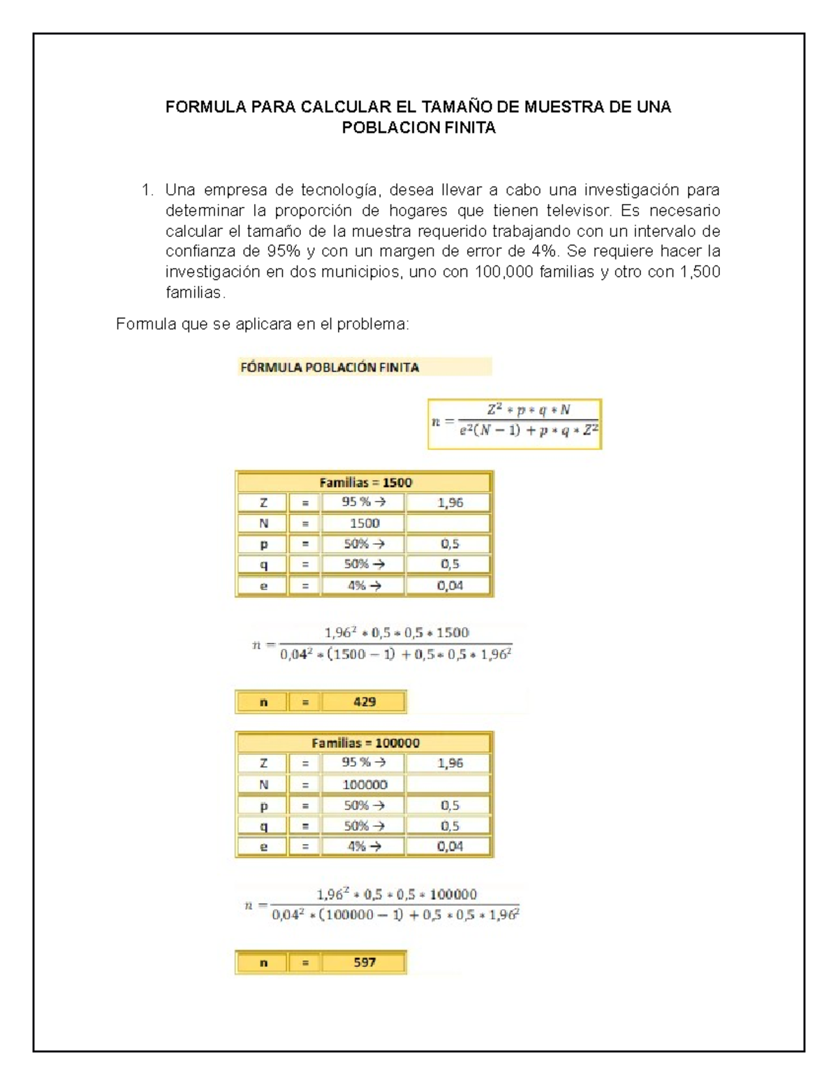 Formula PARA Calcular EL Tamaño DE Muestra DE UNA Poblacion Finita ...