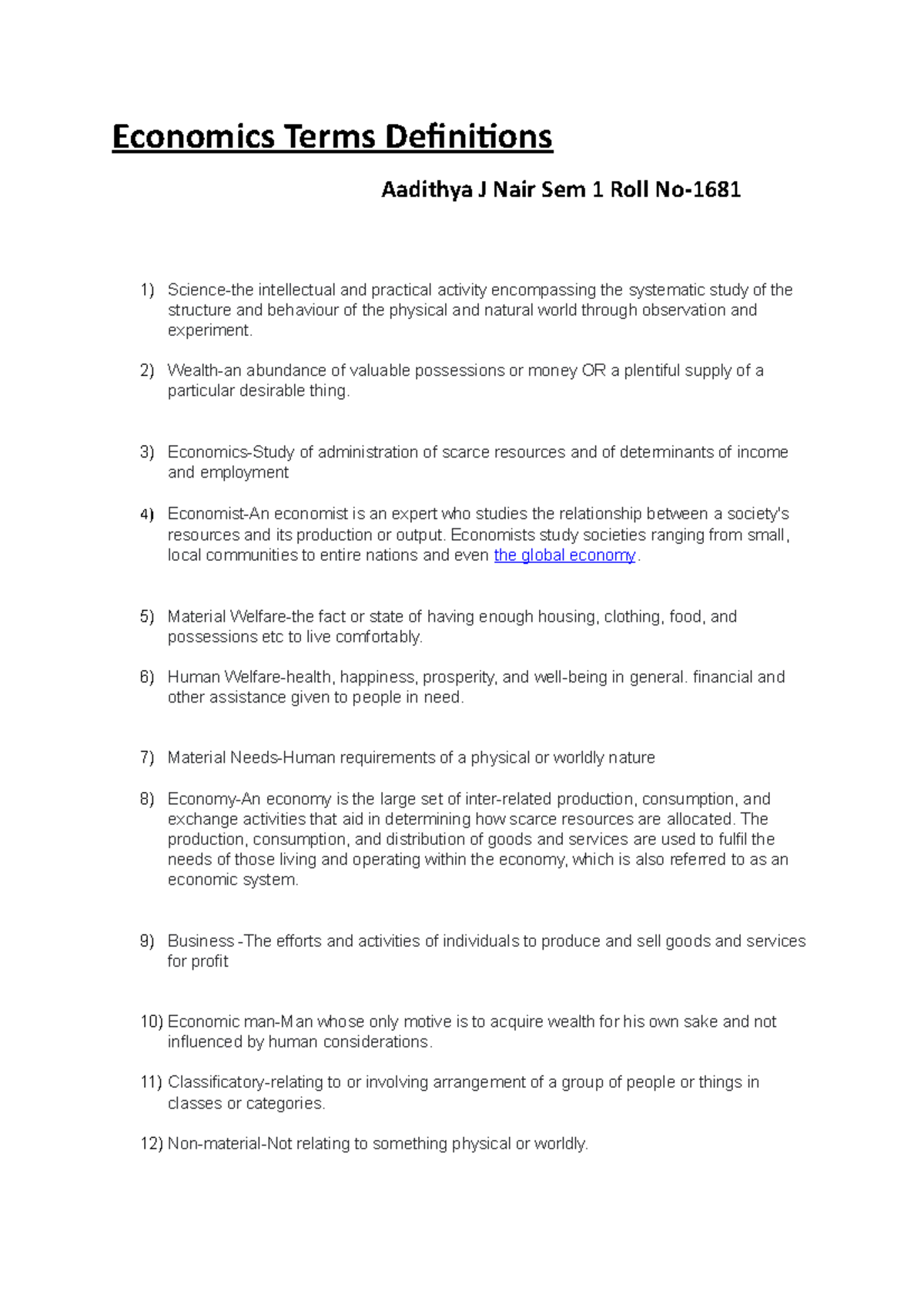 Economics term definitons Aadithya J Nair Sem 1 Roll No 1681 ...