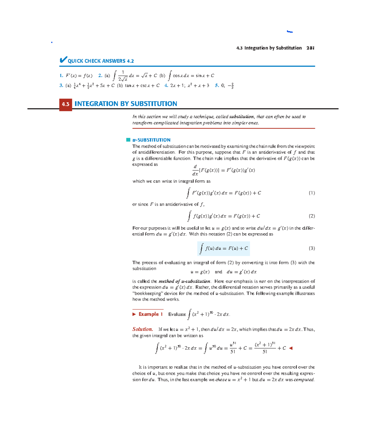 MATH CH4-3 - math work - 4 Integration by Substitution 281 QUICK CHECK ...