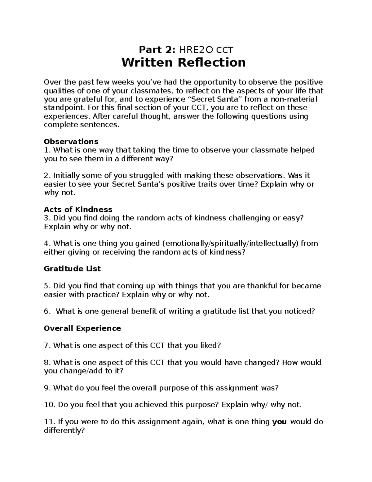 HRE2O Course Culminating Task: Written Reflection - Part 2: HRE2O CCT ...