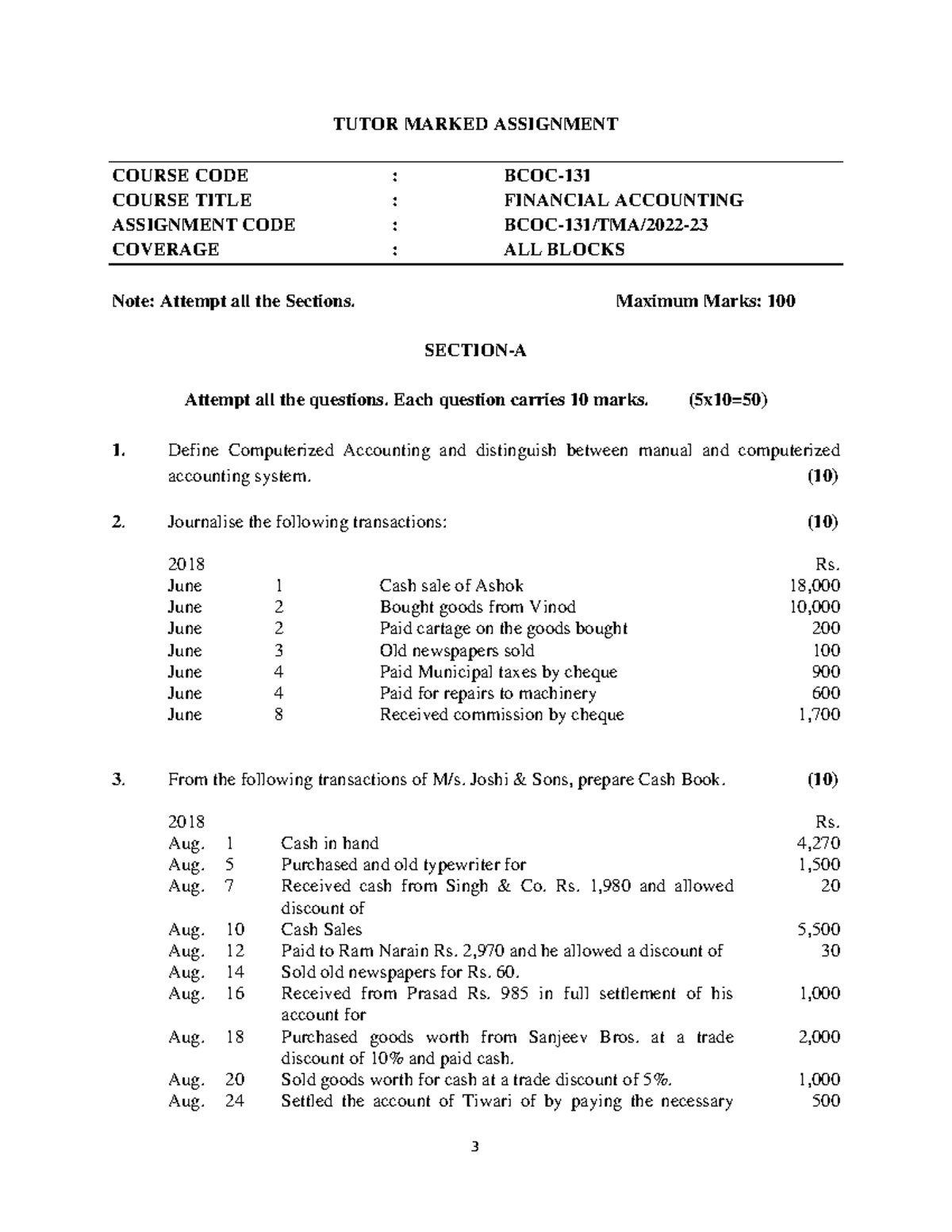 BCOC 131 EM 2022-23 solved - 3 TUTOR MARKED ASSIGNMENT COURSE CODE : BCOC- COURSE TITLE ...