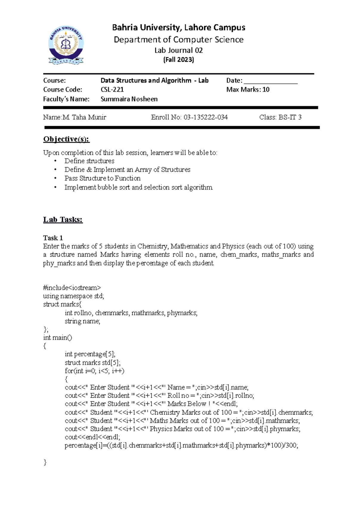 Dsa Lab 02 This Is A Lab 02 Assignment Of Dsa Bahria University Lahore Campus Department Of