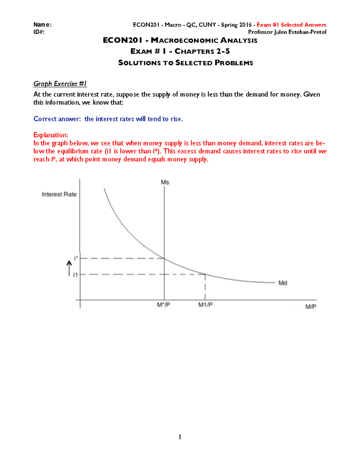 QC ECON201 Spring 2016 Exam1 Answers - ID#: Professor Julen Esteban ...