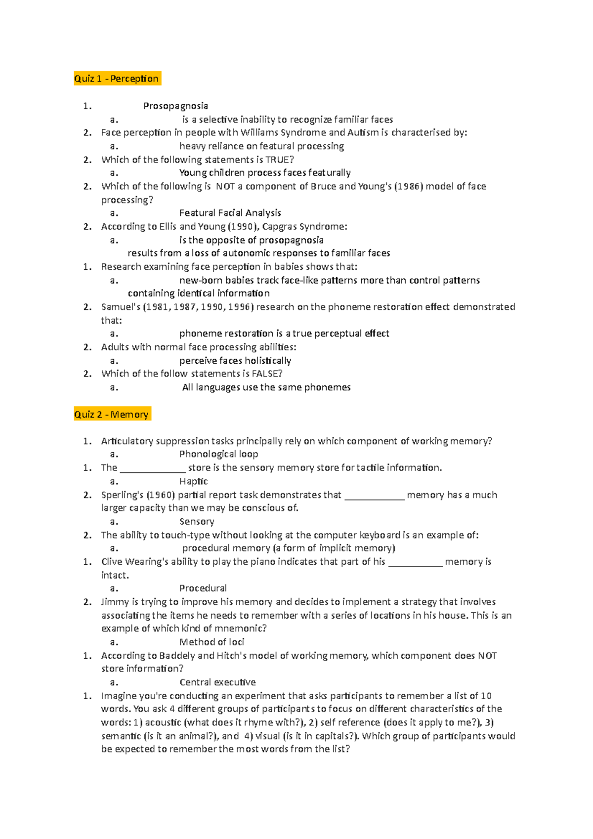 COG quiz questions and answers - Quiz 1 - Perception Prosopagnosia a ...