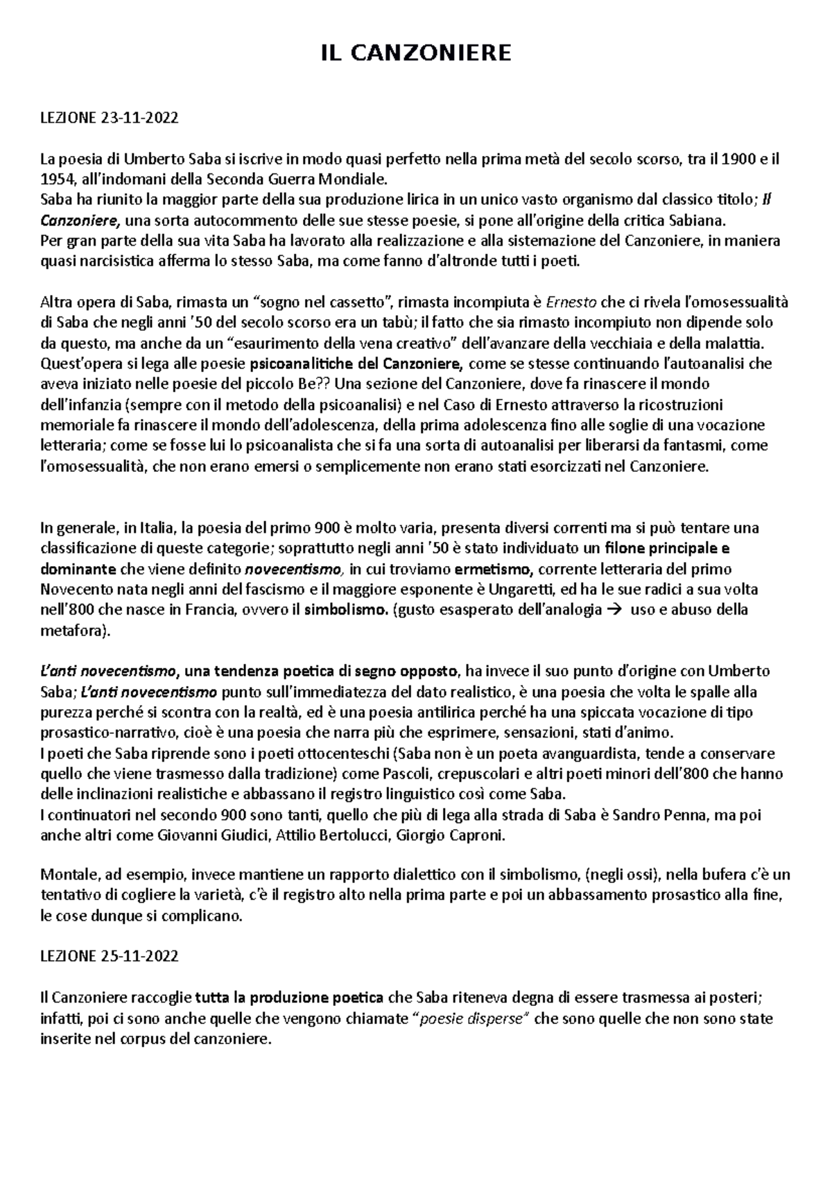 IL Canzoniere (SABA) - Appunti - IL CANZONIERE LEZIONE 23-11- La poesia ...