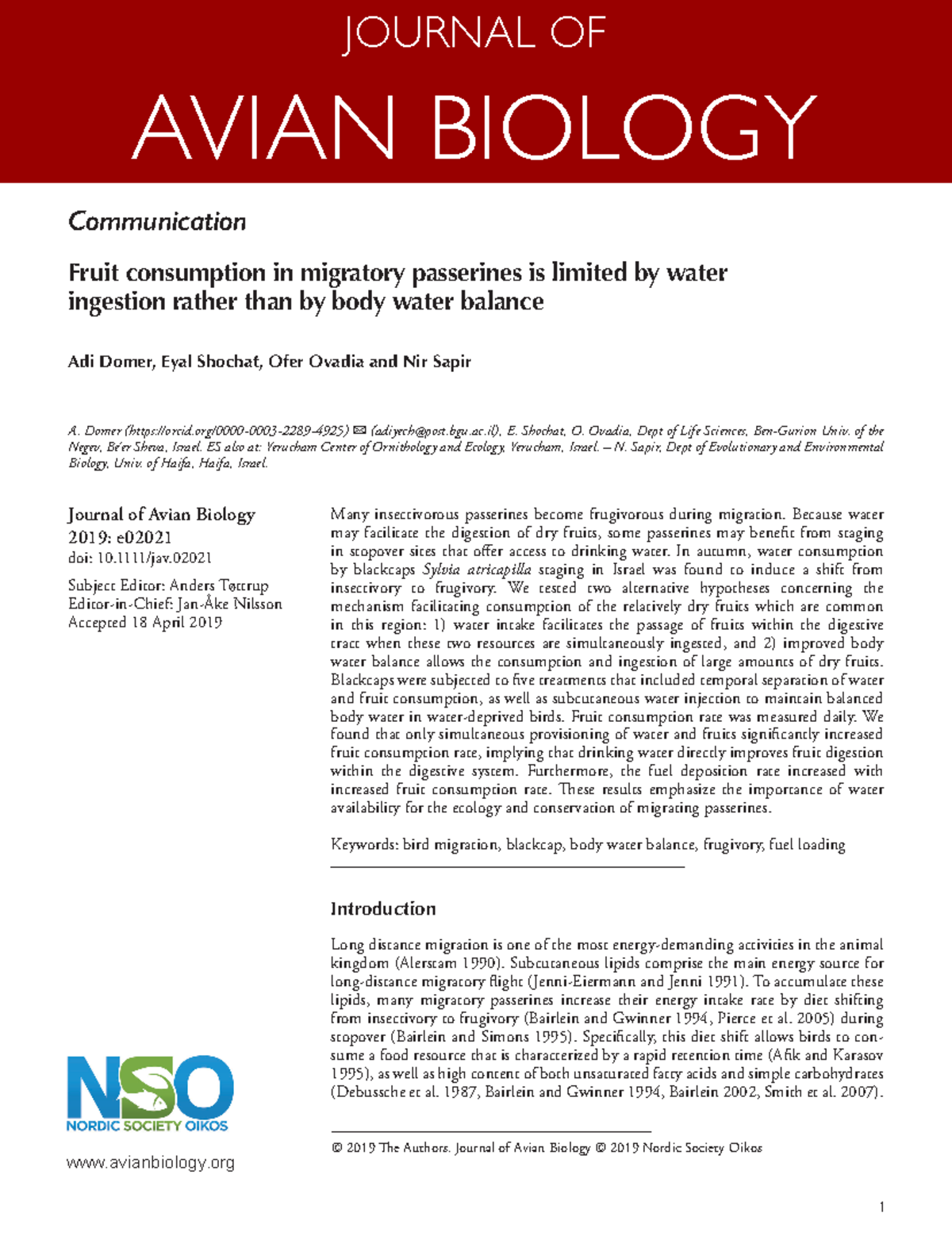 Avian Biology Journal of Avian Biology - JOURNAL OF AVIAN BIOLOGY ...