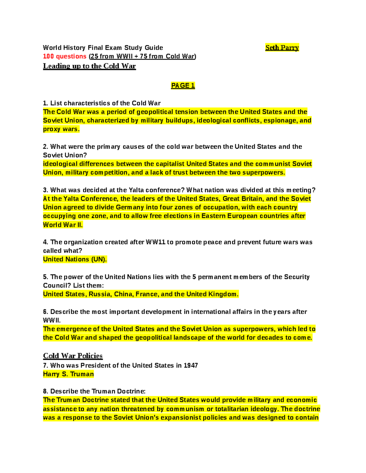 Study guide - Google Docs - World History Final Exam Study Guide Seth ...