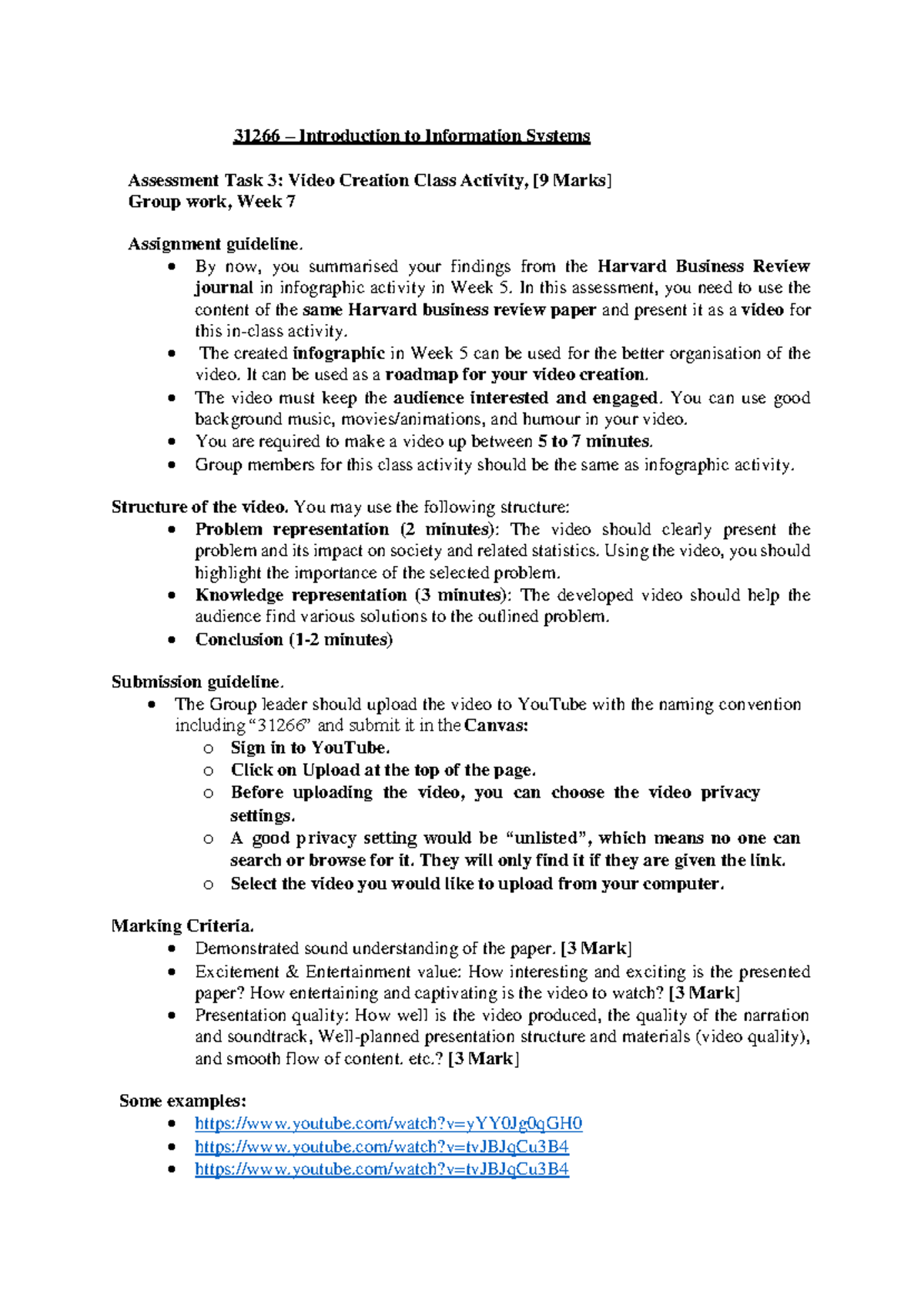 31266 Video class activity week 7-video - 31266 – Introduction to Information Systems Assessment ...